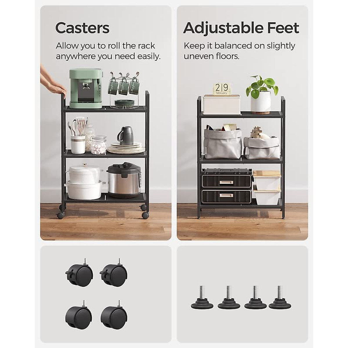 SONGMICS 3-Tier Metal Storage Rack with Wheels, Mesh Shelving Unit with X Side Frames, 23.6-Inch Width, for Entryway, Kitchen, Living Room, Bathroom, Industrial Style, Black UBSC163B01