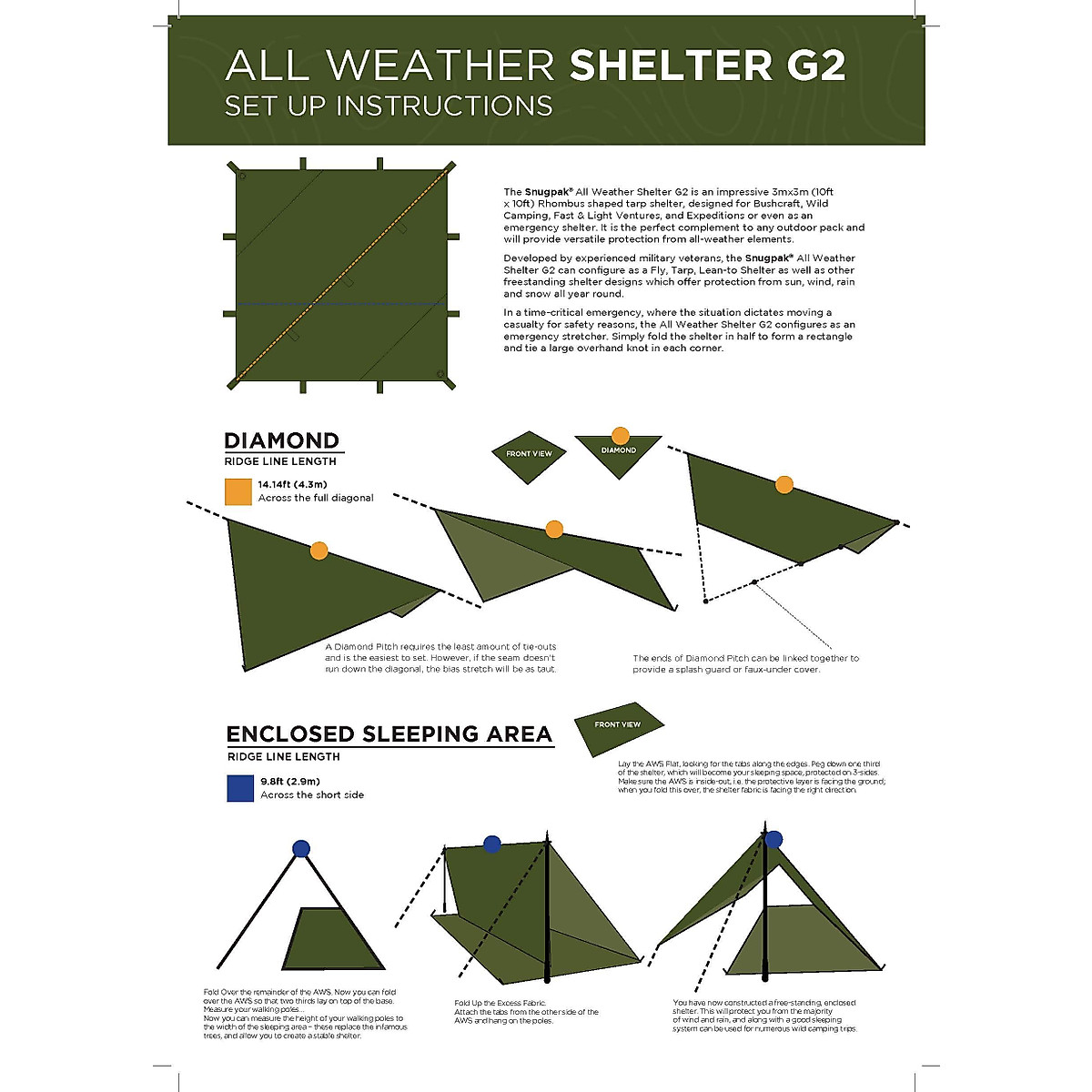 Snugpak | All Weather Shelter G2 | Tarp Shelter | Lightweight | 2000mm 100% Waterproof Outer (Olive)