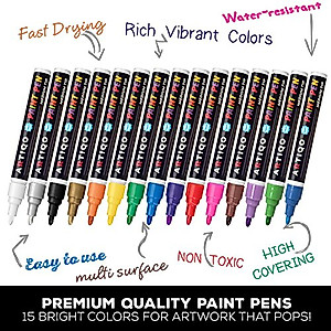 Paint pens for Rock Painting - Wood, Glass, Metal and Ceramic Works on Almost All Surfaces Set of 15 Vibrant Medium tip Oil Paint Marker Pens, Quick Dry, Water Resistant