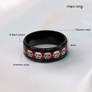 Ringcrown Couple Rings Black Plated Round Red Cz Womens Wedding Ring Sets Skull Ring Titanium Steel Man Wedding Bands（Please Buy 2 Rings for 1 Pair）