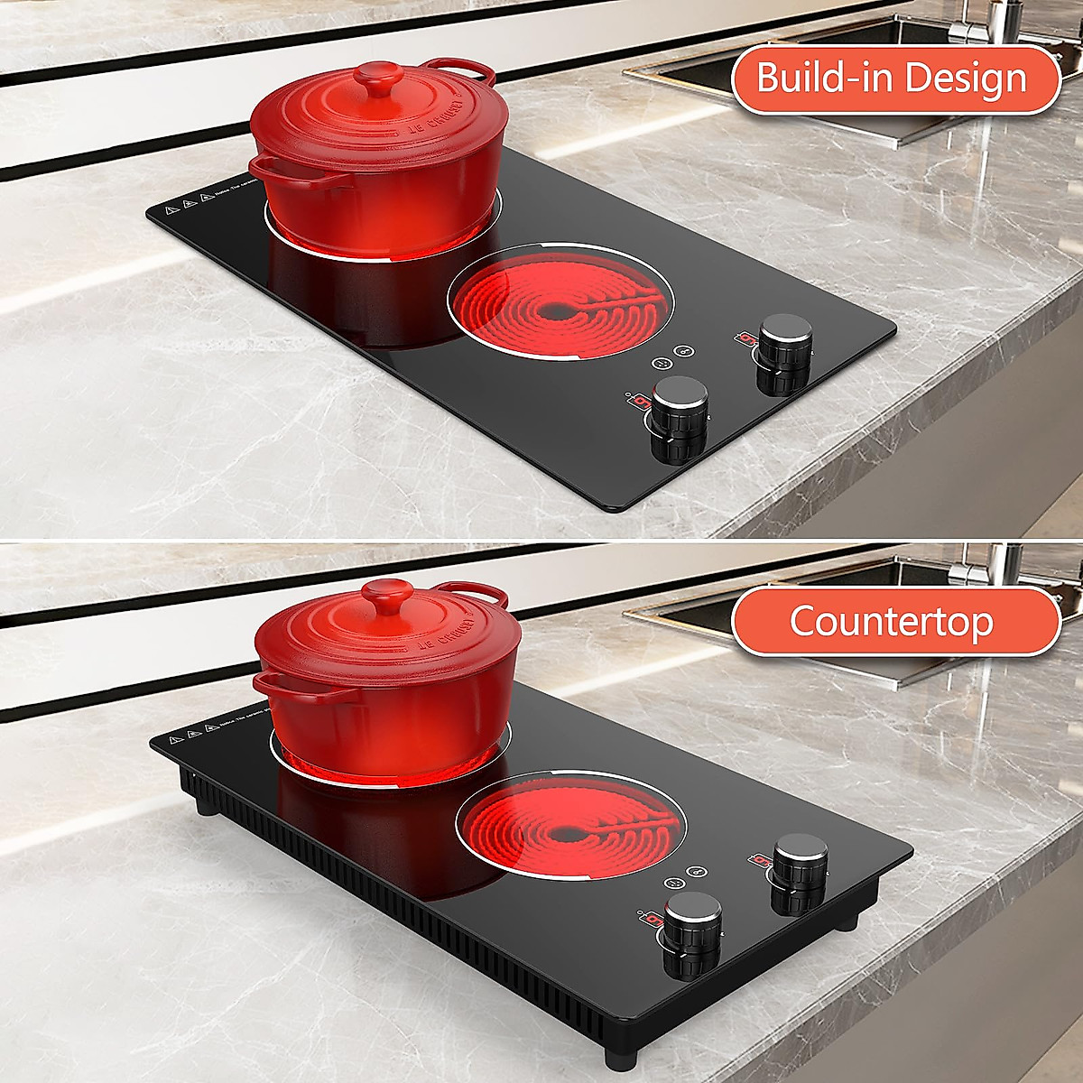 110v Electric Cooktop 2 Burners, 12'' Electric Stove Top with Plug in, GTKZW Knob Control Countertop & Built-in Ceramic Cooktop, 9 Power Levels, Child Lock, Timer, Over-Heat Protection