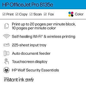HP OfficeJet Pro 8135e Wireless All-in-One Color Inkjet Printer, Print, Scan, Copy, Fax, ADF, Duplex Printing, Best-for-Home Office, 3 Months of Instant Ink included (40Q35A)