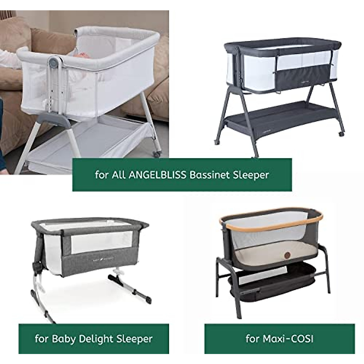 TansyPanda Bassinet Sheets for Angelbliss, Baby Delight, Maxi-COSI Lora, and Baby Joy Bedside Sleeper, 3 Pack, 33x20 Inch, Ultra Soft, Breathable and Snug Fit for Boys and Girls, Dark Gray and White