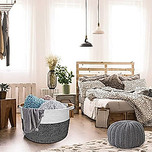 Domolli Blanket Basket, Cotton Rope Basket with Leather Handles XXXL Extra Large Laundry Basket 22" x 22" x 14" Baby Hamper Nursery Bins Woven Basket for Blankets Pillows Clothes Stuffed Toys Storage