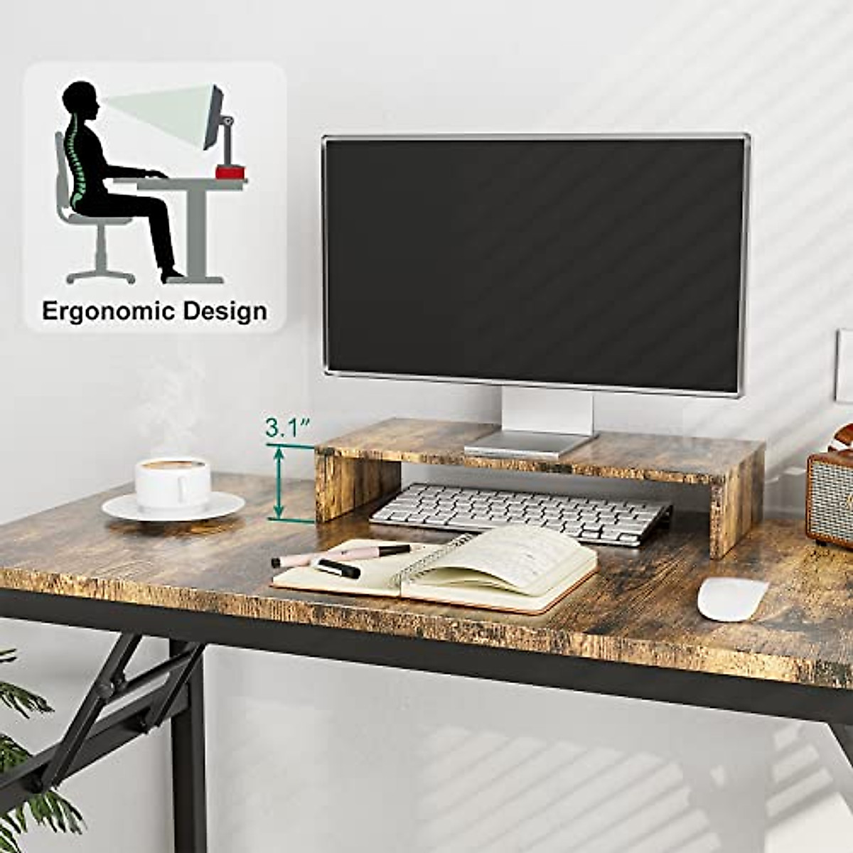 RISWER Computer Desk with Monitor Riser Folding Table Home Office Writing Study Desk 39” Width 19” Depth with Industrial Style Small Table Metal Frame Rustic Brown