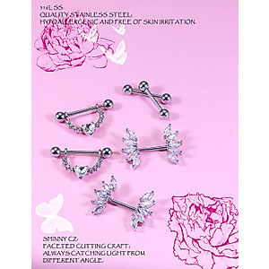 Heienngy Piercing Kit Nipple jewelry kit 14G Surgical Stainless Steel Nipple/Tongue Piercing Jewelry Set 14 Gauge Piercing Needles CZ Silver Black Nipple tongue Ring for Women men Body Piercing Kits