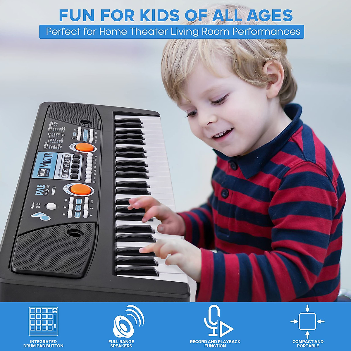 Pyle, Electric 49 Keys-Portable Digital Musical Karaoke Piano Keyboard-8 Rhythms 16 Tones, Stereo Speakers, Rechargeable Battery-Wired Microphone-Beginners Kids PKBRD4113 Black, Compact