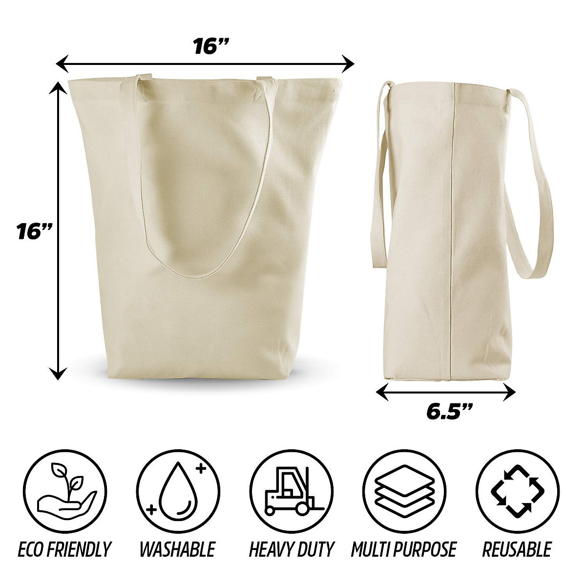 Jesty Crafts Heavy Duty Large Canvas Tote Bag with Large Bottom Gusset - 4 Pack of 12oz Reusable Canvas Grocery Bags - Perfect Canvas Bags for Crafts, HTV, Groceries, Shopping - 16H X 16W x 6.5D inch
