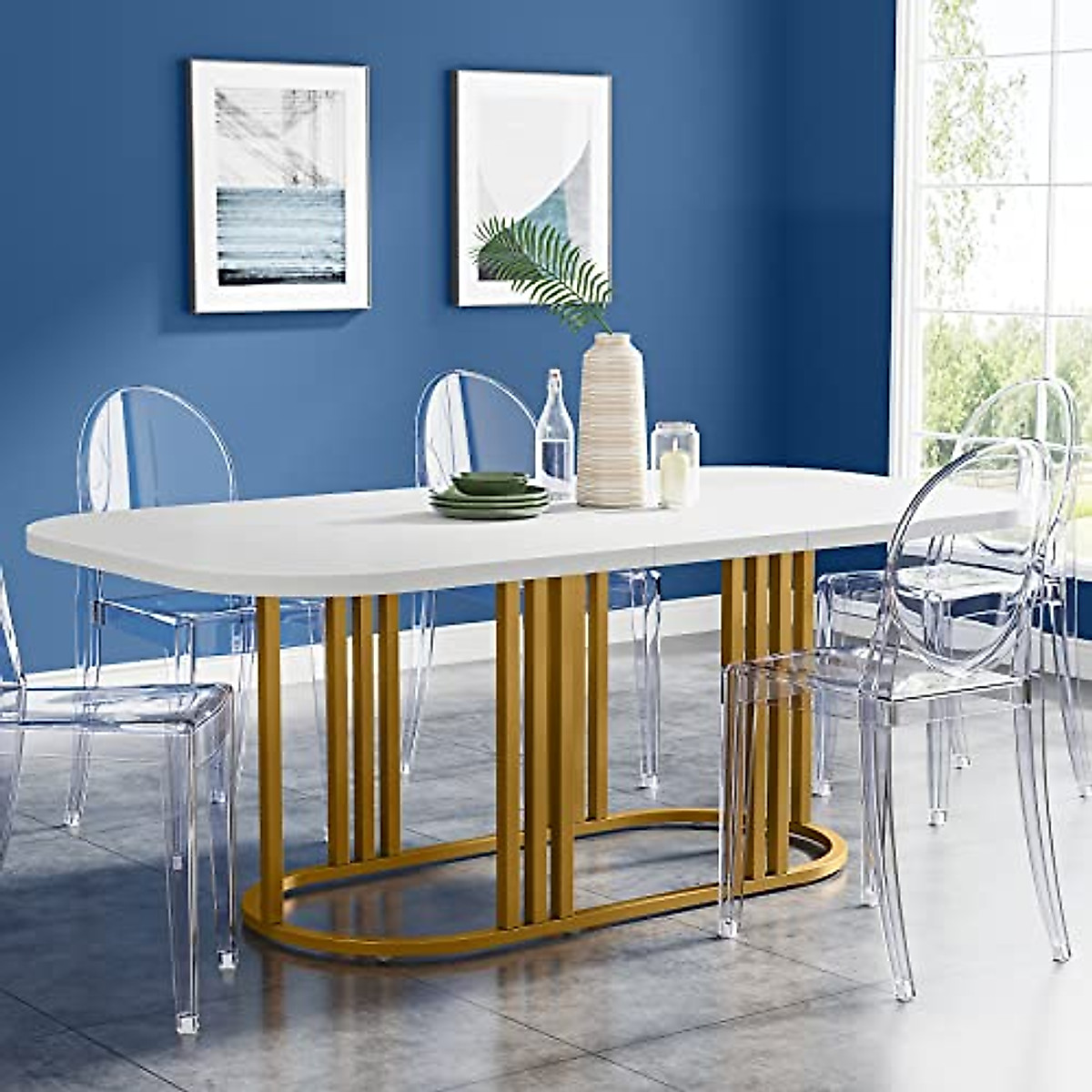 Tribesigns Gold Dining Table for 6, 71” Modern White Kitchen Table, Rectangular Dining Room Table with Heavy Duty Oval-Shaped Metal Frame, White/Gold