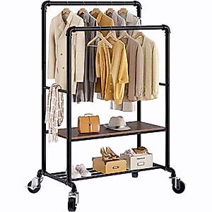 GREENSTELL Clothes Rack with Shelves, Industrial Pipe Style Rolling Garment Rack, Heavy Duty Double Rods Clothes Hanging Rack, Adjustable Height Durable Coat Rack for Organizing Clothes and Shoes