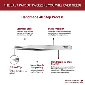 Regine Switzerland Splinter Tweezers – Professional Tweezer with Precision Point Needle Nose for Splinter, Ingrown Hair & Glass Extraction – Stainless Steel Sharp Tool for Men & Women – Silver