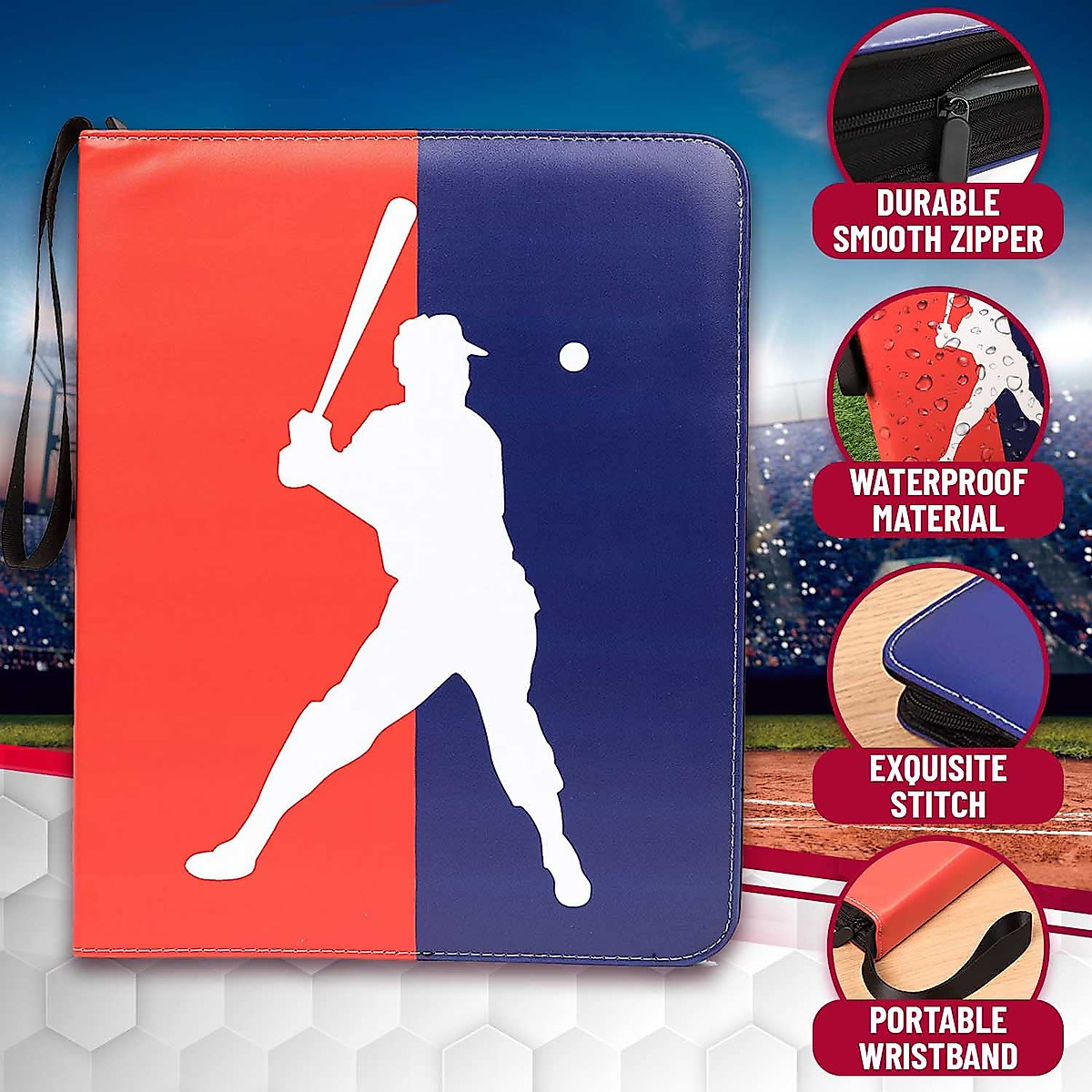 Baseball Card Binder with Sleeves - 3 Ring Waterproof Card Album with 50 Sleeves, Zipper Close, Large Capacity Card Holder Stores 900 Sports Cards (Baseball)