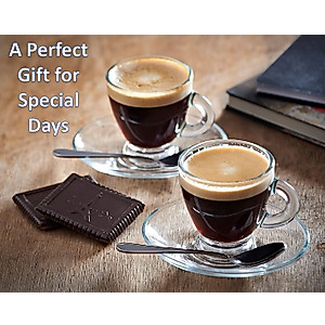 BOHEM'S Espresso Cups, 3.2 oz Small Demitasse Clear Glass Espresso Drinkware, Set Of Cups, Saucers and Stainless Steel mini Spoons + Free Glass Spoons (set of 4)