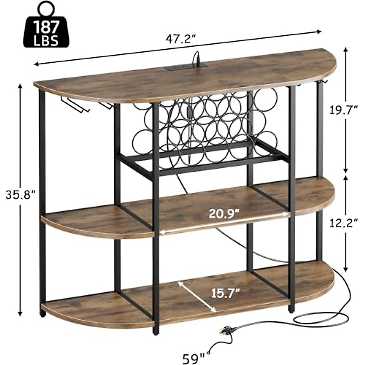 JUMMICO Wine Bar Cabinet with LED Light and Charging Station, Freestanding Wine Racks & Cabinet with 3 Tiers Storage Shelves and Footstands, Coffee Liquor Bar Cabinets for Home/Kitchen (Brown)