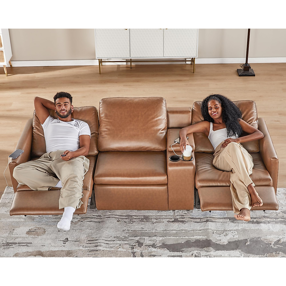 AMERLIFE Reclining Sectional Sofa, Power Recliner Sofa with Single Right Recliner, Loveseat Recliner Couch with USB Port, Leather Modular Sofa for Living Room