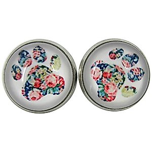 Stainless Steel White and Flower Paw Print Glass Stud Earrings 12mm