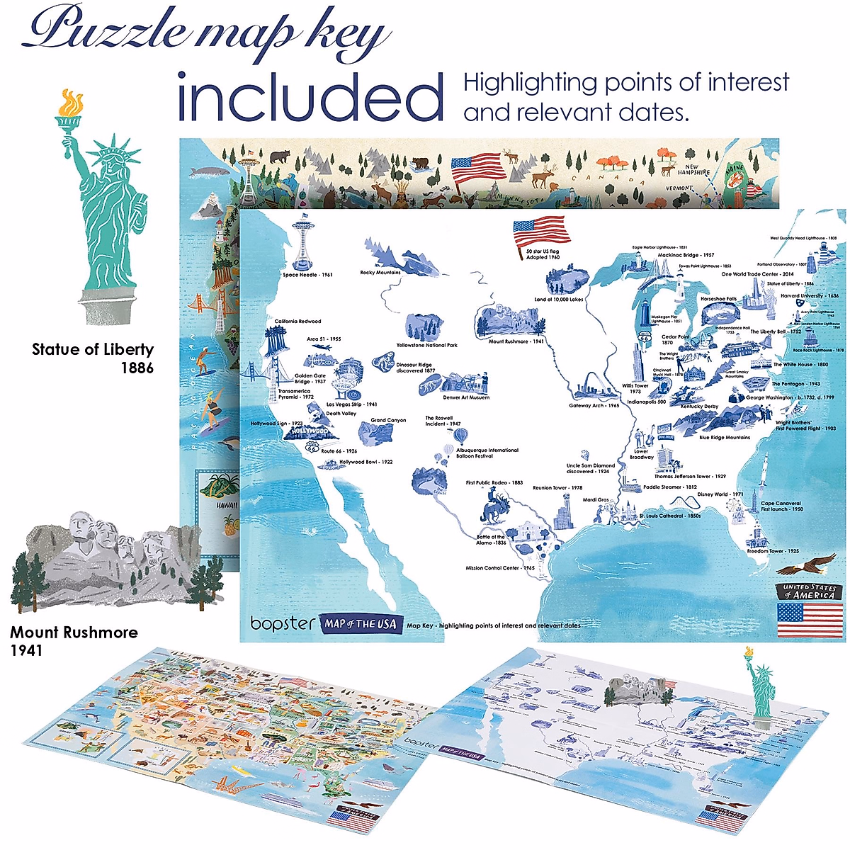 Puzzles for Adults 1000 Pieces - Illustrated US Map Puzzle - United States USA 1000 Piece Puzzle for Adults and Kids Puzzles - 100% Recycled Cardboard by bopster