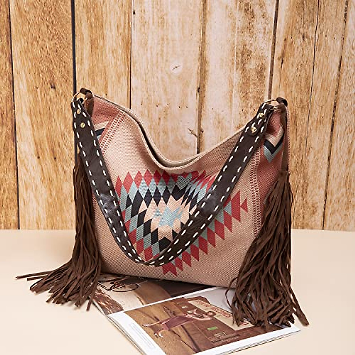 Emprier Women's Vintage Canvas Hobo Handbags Tassel Tote Purses Large Capacity Shoulder Bag Ethnic Travel Handbags