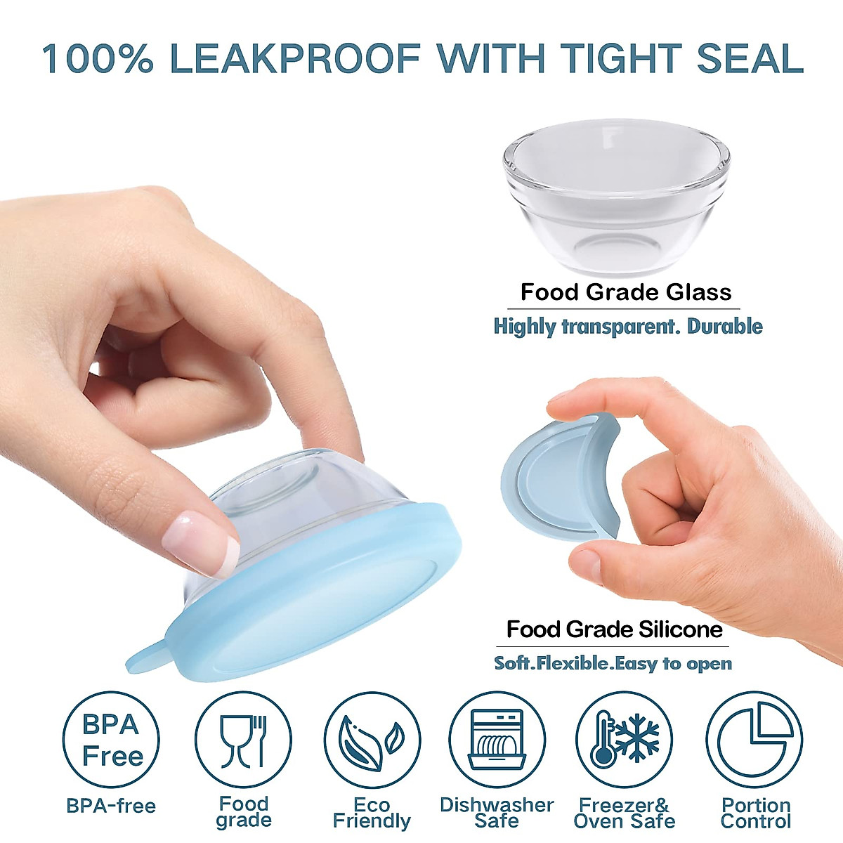 VOLCANOES CLUB Salad Dressing Container To Go - 7×1.3oz Mini Glass Food Storage Condiment Containers with Silicone Lids - Small Sauce Cups for Lunch Box Meal Prep - Leakproof Reusable School Work Trip