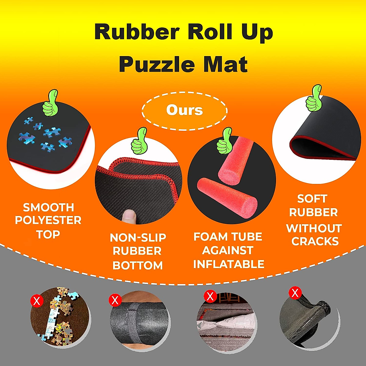 Rubber Jigsaw Puzzle Mat Roll Up Saver Pad Storage Up to 1500 Pieces 46" x 26" Portable Non-Slip Smooth Polyester Top Rubber Bottom Foam Rolling Tube with Storage Bag, 3 Hook & Loop Fastener Straps