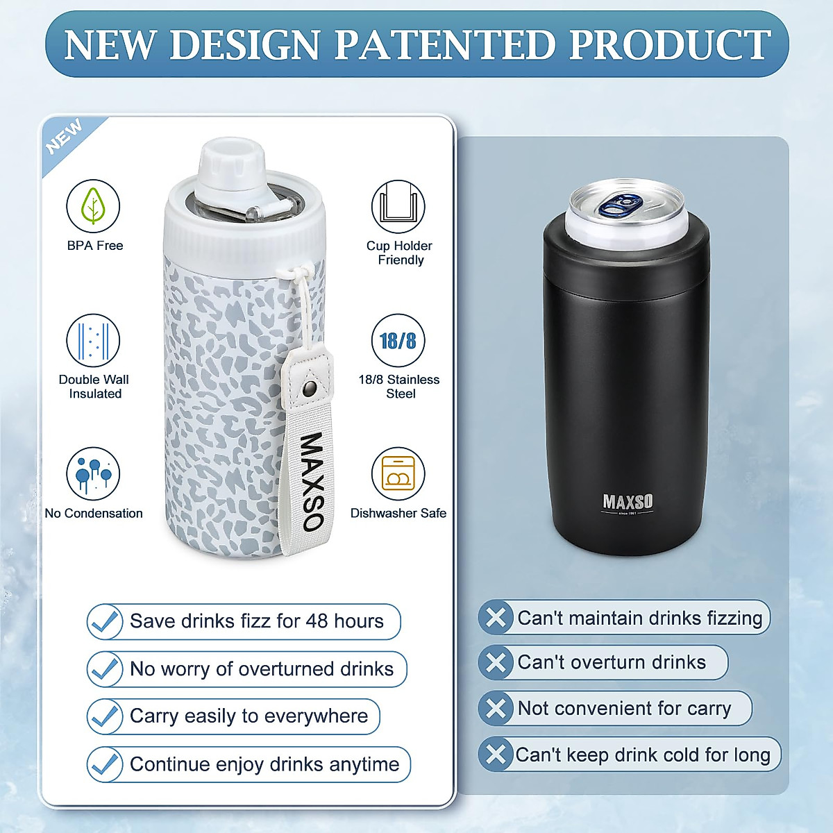 MAXSO Sealed Can Cooler Fizz Lid Can Cover for 12 oz Regular, Slim Skinny Cans & As Thermal Bottle, 4-in-1 Insulated Vacuum Stainless Steel Carbonated Cold Drink Holder - Leopard