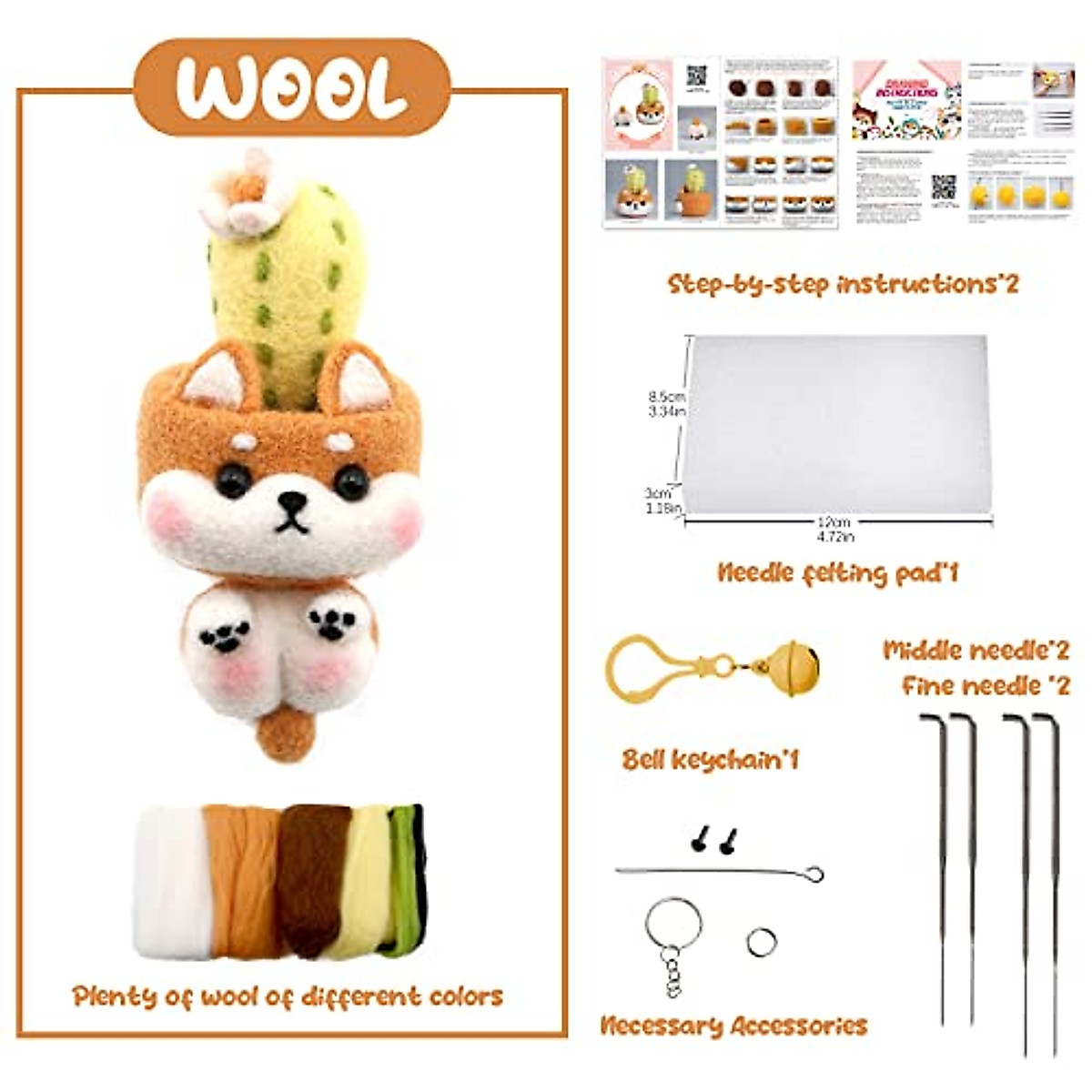 Needle Felting Beginner Kit, Needle Felting Kit, Needle Felting Starter Kit with Basic Felt Tools, Needle Felting Supplies with Foam Mat Felting Needles Wool Roving for DIY Crafts(Shiba Inu)