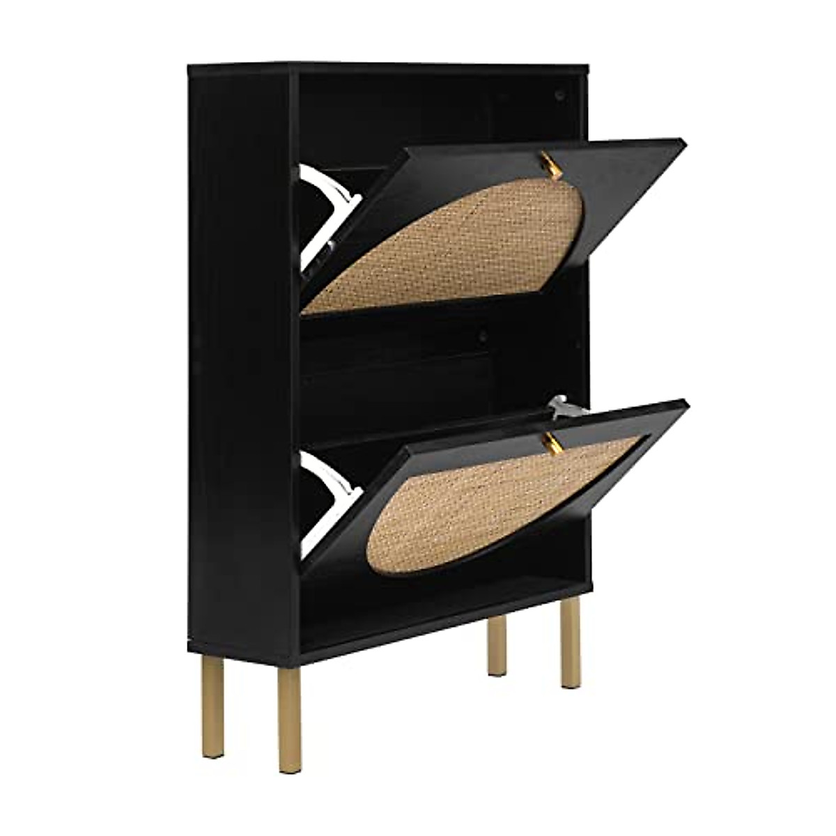 Pvillez Natural Rattan Shoe Cabinet, Modern Free Standing Shoe Racks Storage Cabinet with 2 Flip Drawers and Storage Shelves, Narrow Shoe Rack Cabinet for Entryway, Hallway, Bedroom, Black