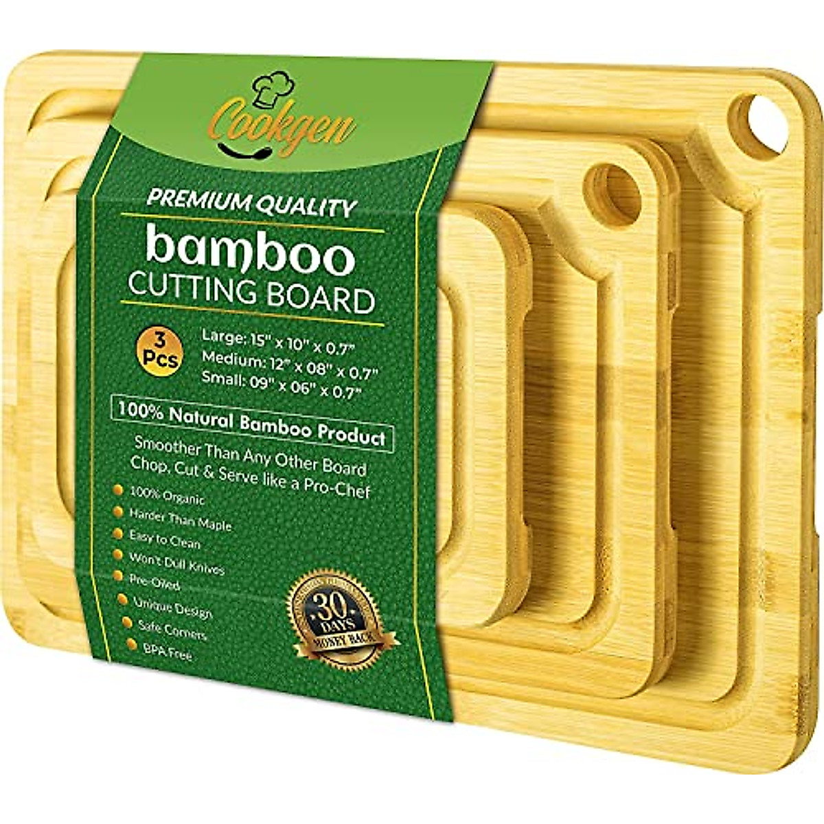 Bamboo Cutting Board Set of 3, Cutting Boards in Large, Medium & Small Size, Organic Wooden Cutting Boards for Kitchen, Vegetable & Meat Cutting Board, Cutting Board With Juice Groove & Handles