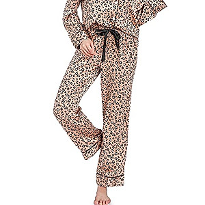 Serenedelicacy Women's Satin Pajama Set 2-Piece Sleepwear Loungewear Long Sleeve Button Down Silky PJ Set (Medium, Tan/Black/Ivory, Leopard)