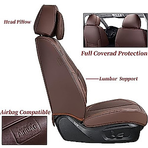 Coverado Front and Back Seat Covers 5 Pieces, Waterproof Nappa Leather Auto Seat Protectors Full Set with Head Pillow, Universal Car Accessories Fit for Most Sedans SUV Pick-up Truck, Brown