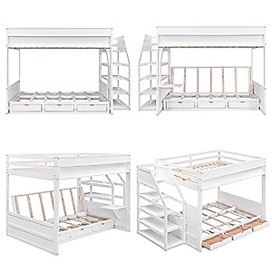 SOFTSEA Full Over Futon/Full Bunk Bed with Storage Staircases, Convertible Couch and Bed with Drawers, Wood Bunk Bed Frame for Kids Teens, No Box Spring Needed (White)