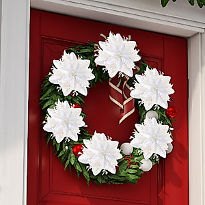 Sggvecsy 24 Pcs Christmas Glitter Poinsettia Flowers Christmas Tree Ornaments Artificial Christmas Flowers Decorations with Clips for Xmas Holiday Wedding Wreath Party Floral Decorations (White)