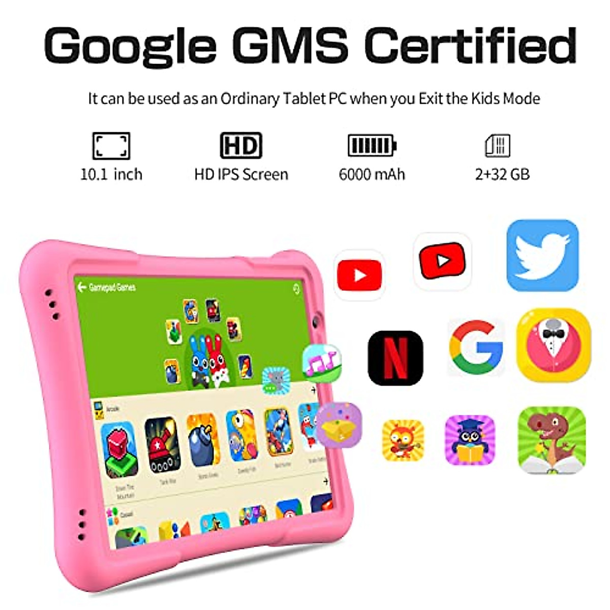 PRITOM 10 inch Kids Tablet Android 12 Tabletas 32GB, Quad-Core, 6000mAh, Large HD IPS Display, WiFi 6, Dual Camera, Bluetooth, Toddler Tablet for Kids Age 3+, Pink