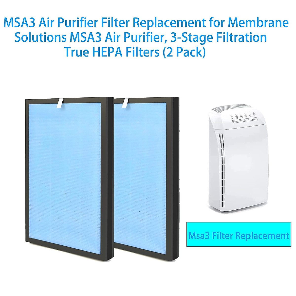 Bibolic MSA3 Replacement Filter Compatible with Membrane Solutions MSA3 Air Purifier, 2 Pack 3 in 1 True HEPA Replace Filters