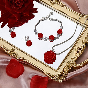 Fiada 1 Set Resin Rose Jewelry Red Necklaces with Diamond Flower Vintage Jewelry Dangle Necklace and Earring Sets for Women Pendent Bracelet for Bride Wedding Valentine Gifts