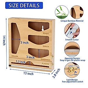 AITEE 2 in 1 Bag Storage and Foil Organizer, Plastic Wrap Dispenser with Cutter for Kitchen Drawer, Bamboo Wood Food Bag Storage Organizer for Gallon, Slider Quart, Sandwich and Snack