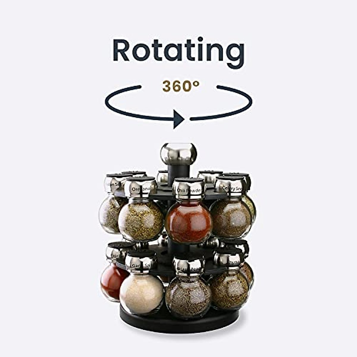 Olde Thompson Orbit Rotating Spice Rack, 16 Refillable Spice Jars With Shaker Tops And Labeled Lids For Frequently Used Spices