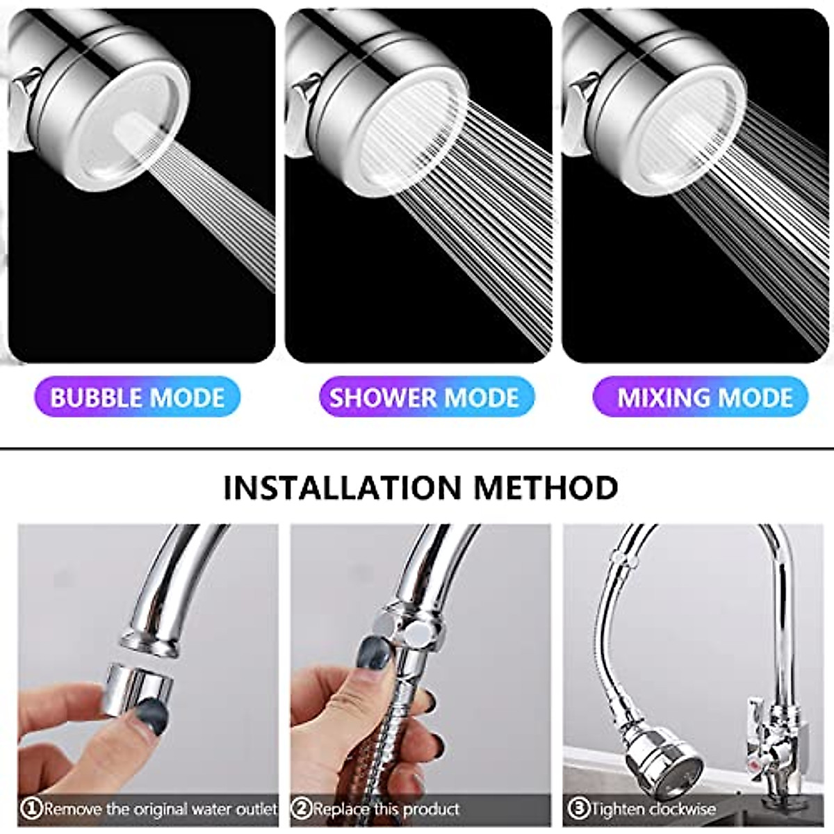 3 Pieces Kitchen Tap Head Fucet Aerator, 360 Degree Rotatable 3 Mode Adjustable Faucet Extender Kitchen Faucet Head Replacement for Bathroom Kitchen