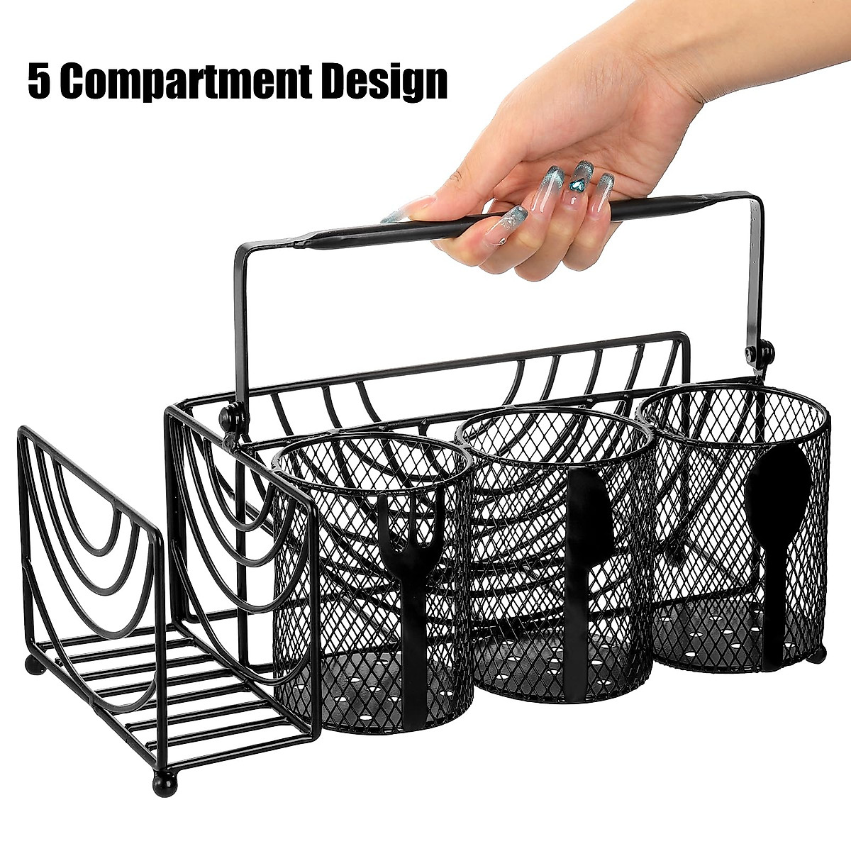 Mezchi Metal Utensil Caddy with 5 Compartments, Black Mesh Silverware Caddy Organizer, Flatware Storage Holder for Napkins, Plates, Party, Camping, Picnic, Buffet, RV, BBQ, Kitchen, Countertop