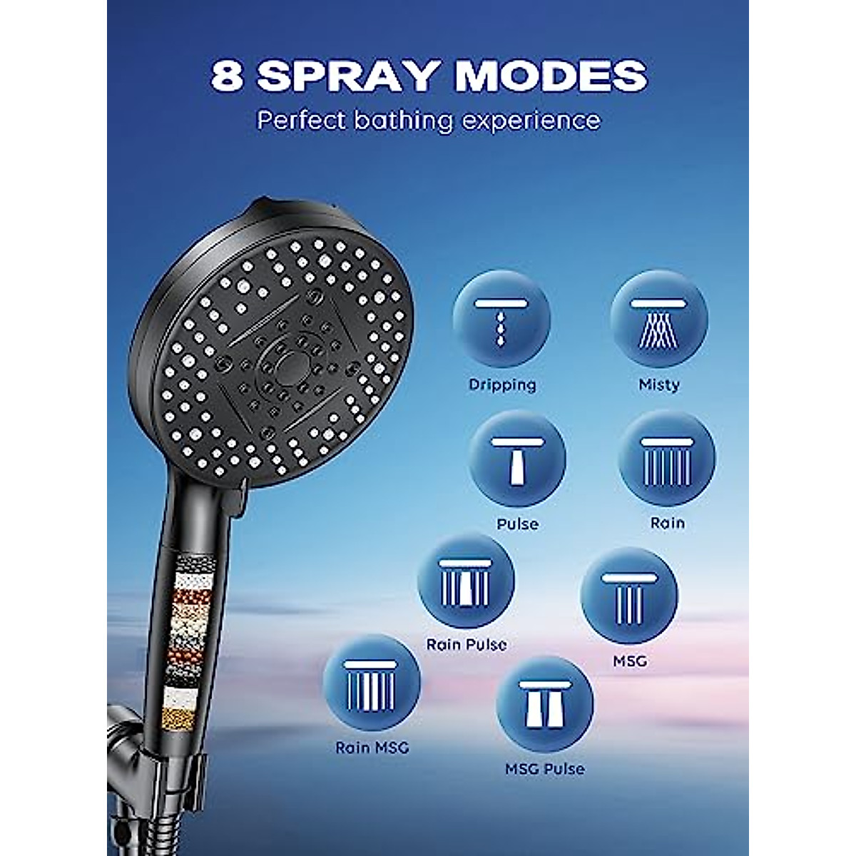 Filtered Shower Head, 5" Large, Extra Long 70" SS Hose,10-mode Detachable Shower Head Filter for Hard Water, High Pressure Handheld Shower Head for Bathroom, Anti-clog&Power Wash to Clean Tile & Pets