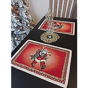 Christmas Placemats with Santa Set of 2 Red Fabric Holiday Glitter with gold Lurex (set of 2) Size:13in X 19in (34cm X 49cm)