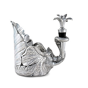 Arthur Court Aluminum Metal Elephant Wine Coaster and Stopper Set Sand casted Artisan Metal 4.5 inch Diameter Coaster 7 inch Tall