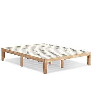 KOMFOTT 14 Inches Wood Platform Bed Frame Queen Size, Solid Wood Mattress Foundation with Rubber Wood Frame, Strong Poplar Wood Slat Support, No Box Spring Needed, Bed Frame (Natural)