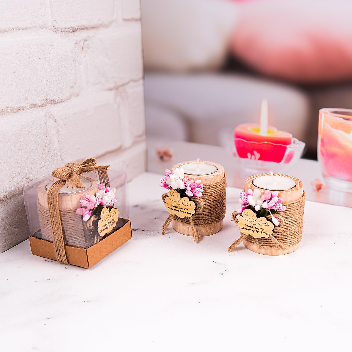 HTF Pack of 10 Baby Shower Decorations Wood Tealight Candle Holder, Baby Shower Gifts, Baby Shower Wood Candle Holders (Baby Shower-Pink, Light Brown)