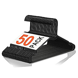 Micuul Plastic Clothing Notched Hangers (50 Pack) Heavy Duty Durable Coat and Clothes Hangers, Lightweight Space Saving Laundry Hangers Hangs up to 6 lbs for Coats, Pants, Dress, Etc. (Black, 50)