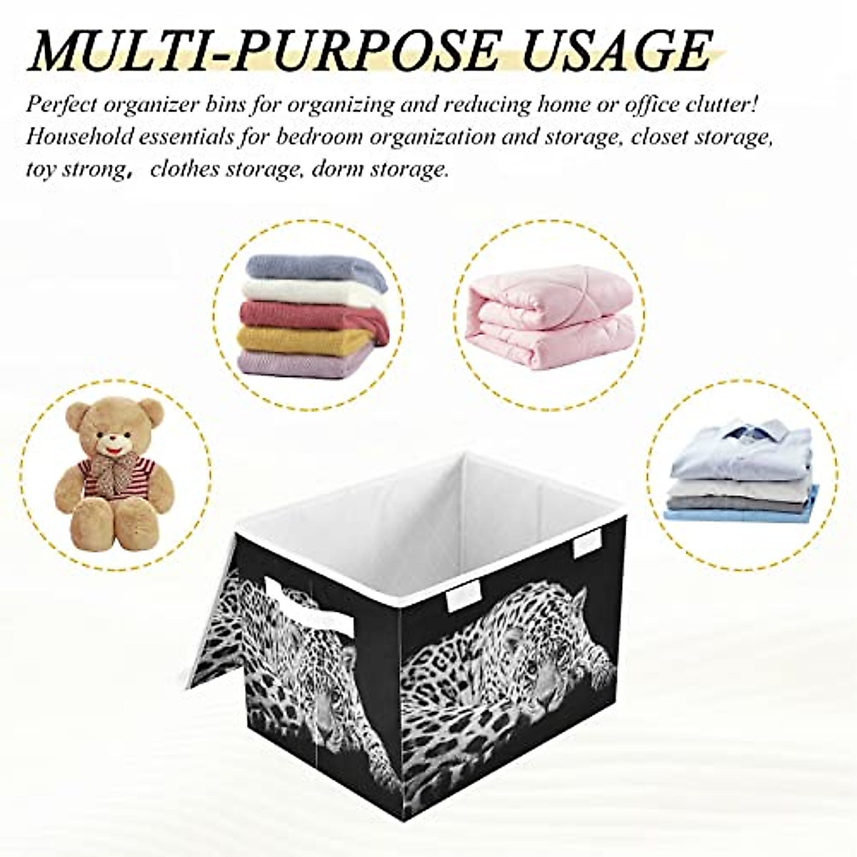 Kigai Leopard Cheetah Black Storage Basket with Lid Collapsible Storage Bin Fabric Box Closet Organizer for Home Bedroom Office 1 Pack