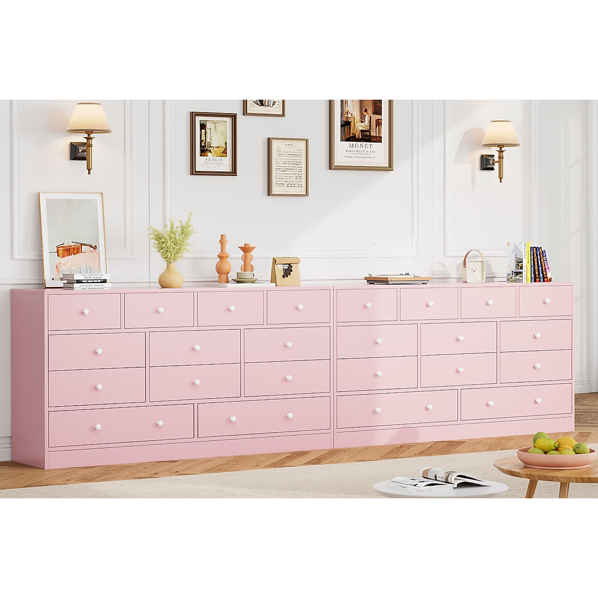 GarveeHome 12 Drawer Dresser for Bedroom, 61 Inch Wood Dresser with Power Outlet, Wide Dresser Chest of Drawers for Living Room, Hallway, Tall Dressers with Smooth Metal Rail, Large Storage, Pink