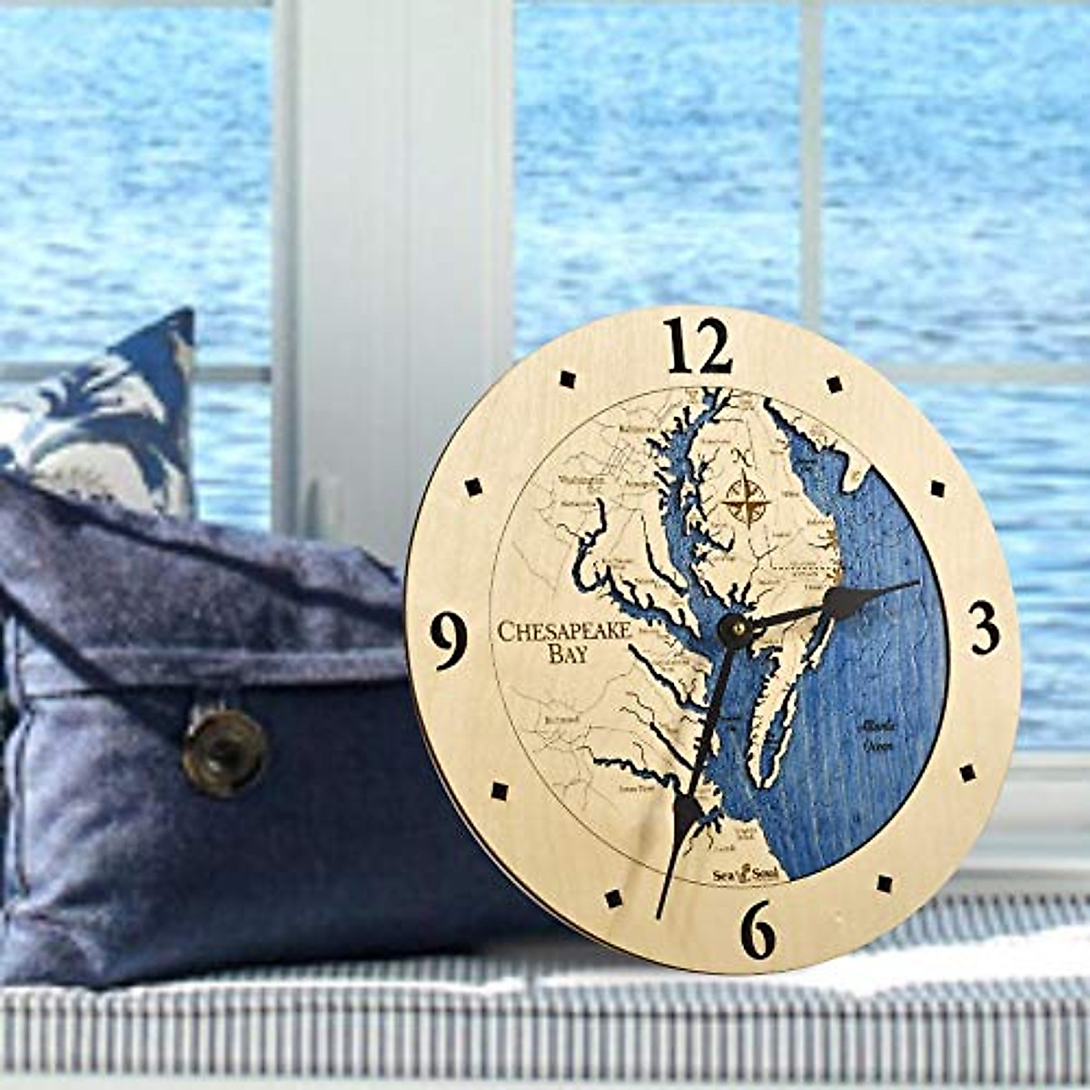 Sea & Soul Chesapeake Bay 3-D Nautical Wood Chart 12" Wall Clock, Handcrafted in The USA, Topographic Water Map Clock, Carved Lake Art Wall Clock, Coastal Décor (Deep Blue)