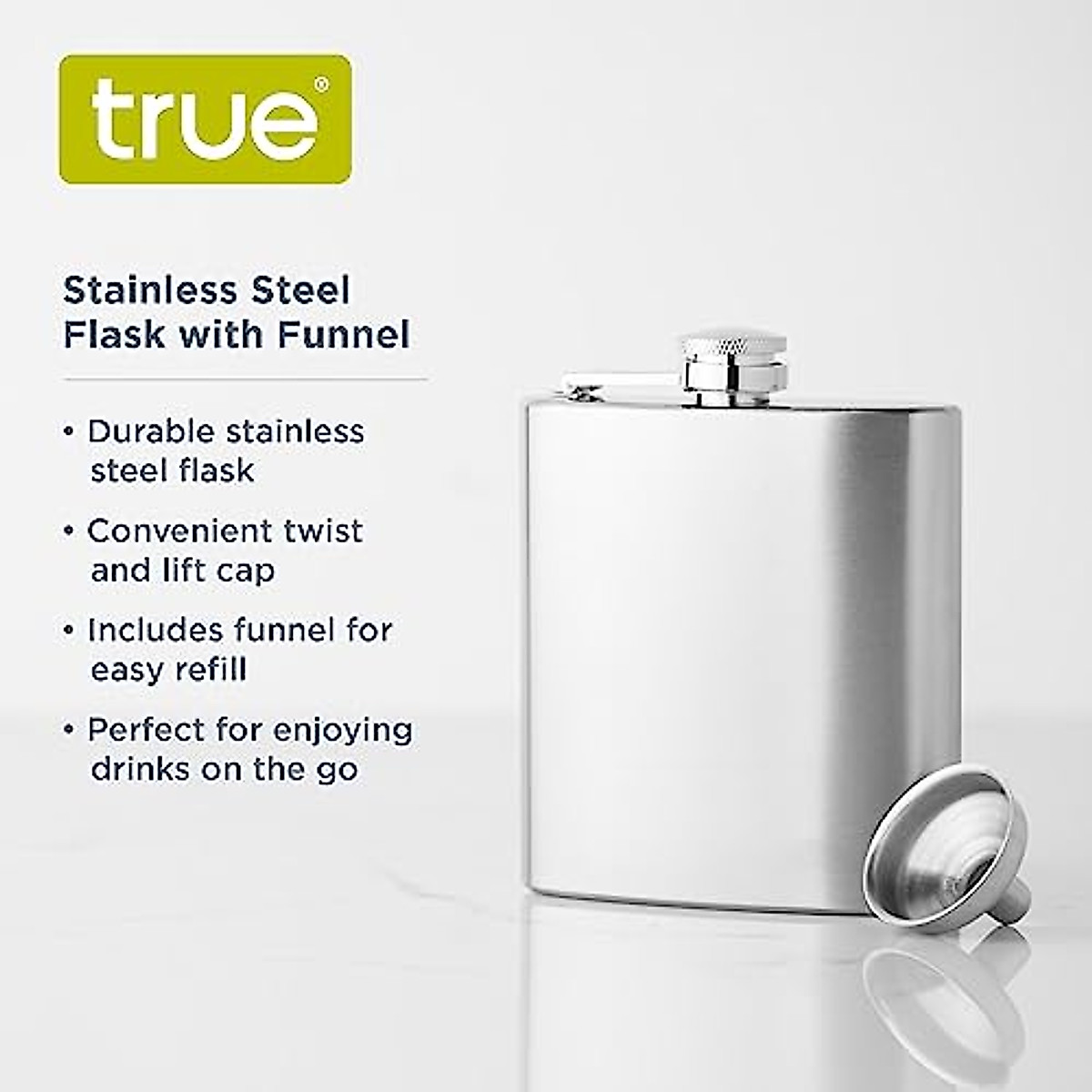 TRUE Stainless Steel Metal Men and Women Drinking Flasks for Vodka Whiskey Tequila Rum Cocktails, Travel, Backpacking, 6 oz, Set of 1, Silver