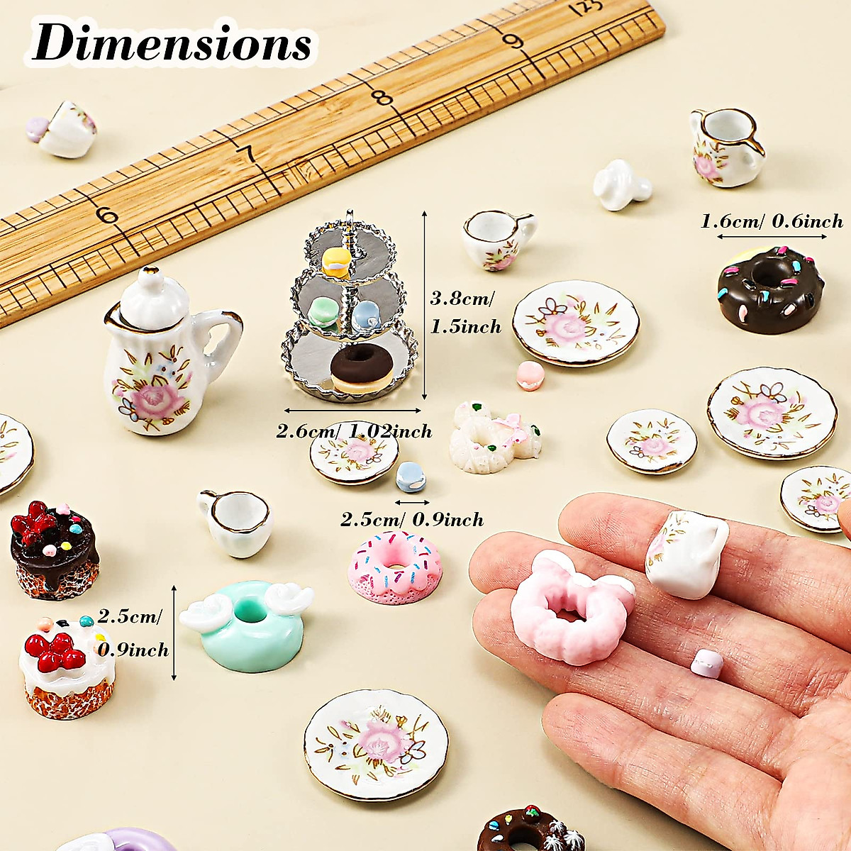40 Pcs 1:12 Scale Dollhouse Miniature Kitchen Accessories Set Includes 15 Flower Pattern Porcelain Tea Cup 24 Mixed Pretend Cake Foods 1 Mini Three-Tier Cake Stand for Decor Supply (Fresh Style)